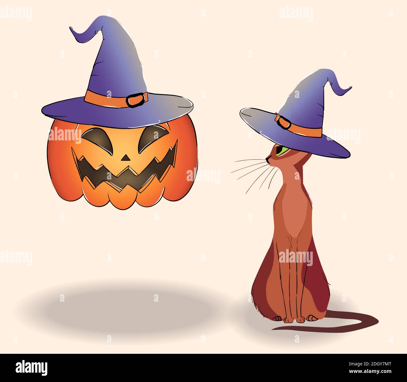 Composition of a cat and a floating jack-o-lantern in hats. Vector ...