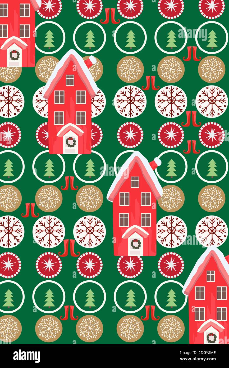 Christmas themed pattern composed of houses, pines, cookies, snowflakes ...