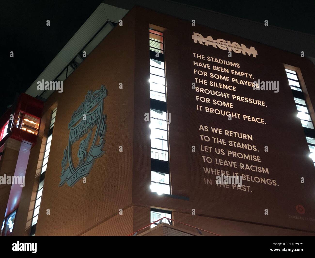 An End to Racism message is displayed on the side of Anfield stadium ...