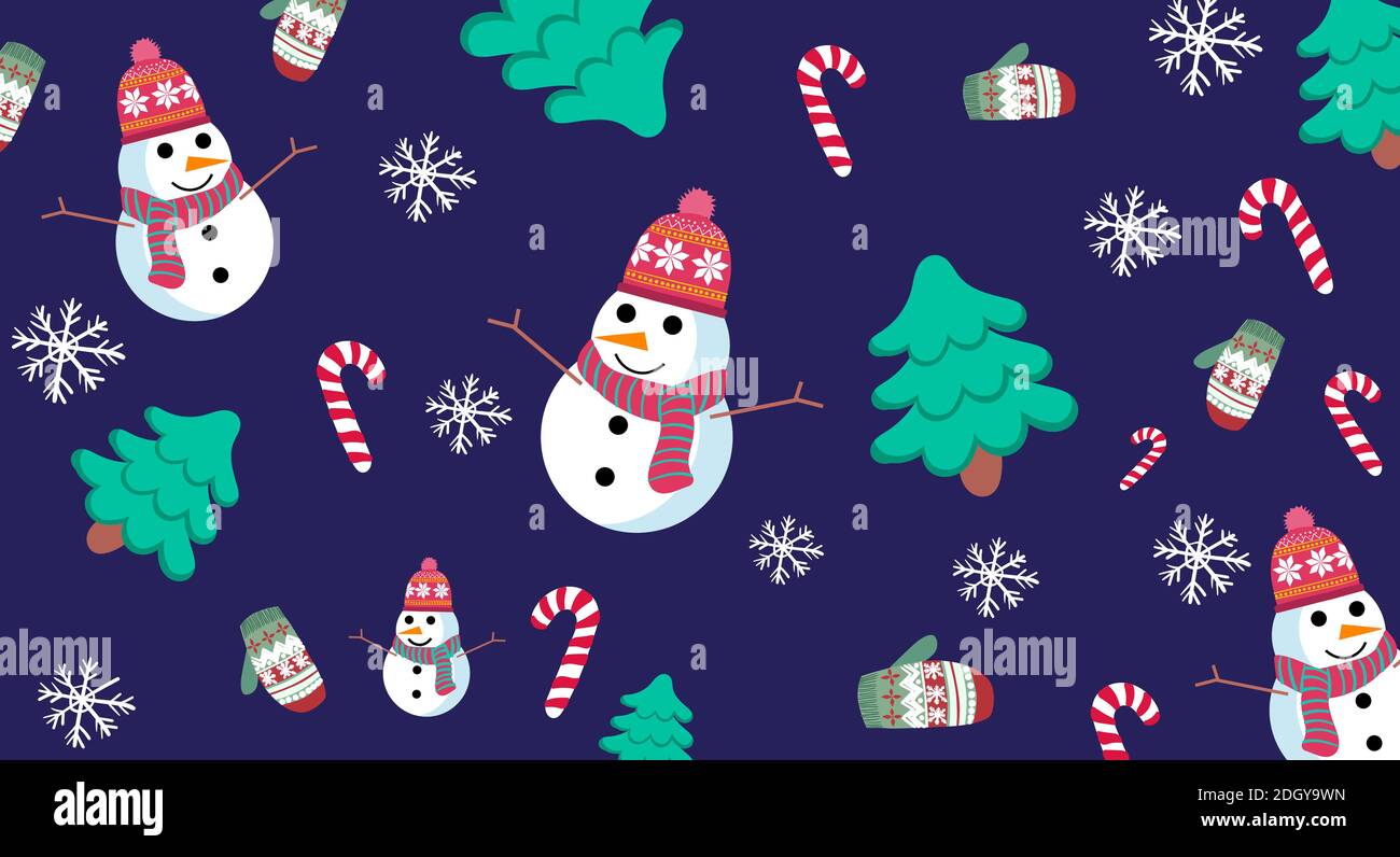 Christmas themed pattern with snowman, pine trees, snowflakes, gloves ...