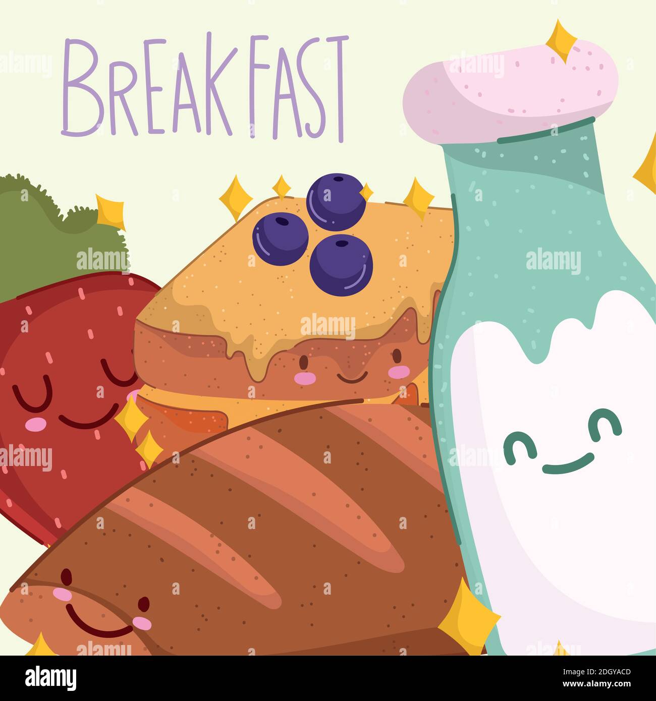 breakfast food fresh cartoon cute milk bottle bread fruit and sandwich ...