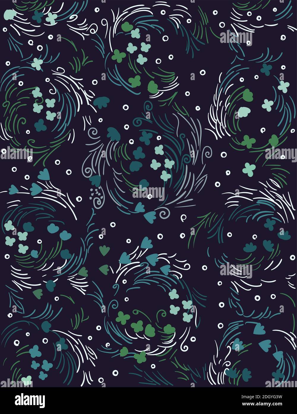 Abstract pattern composed using curved lines, flower buds and leaves ...