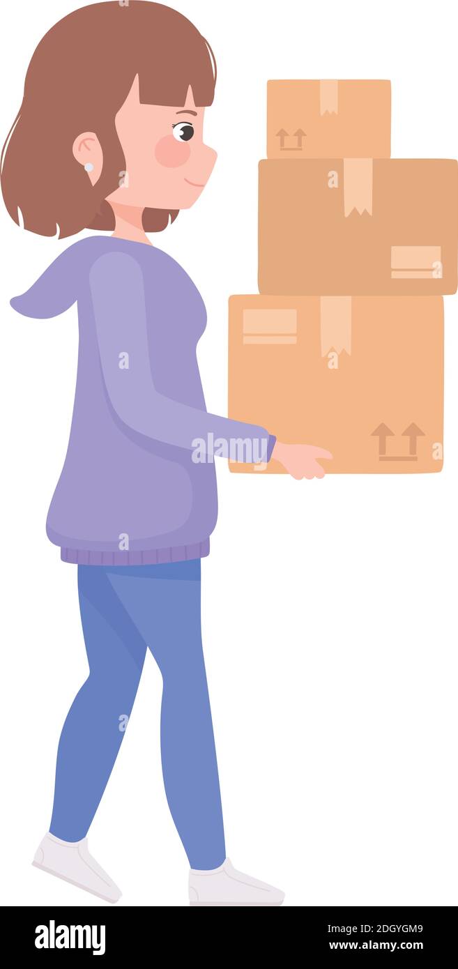 young woman carrying cardboard boxes cartoon vector illustration Stock ...