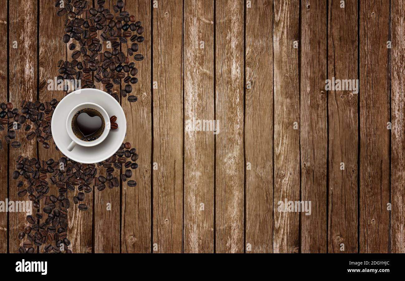 cup of hot espresso coffee and coffee beans on wooden table background ...