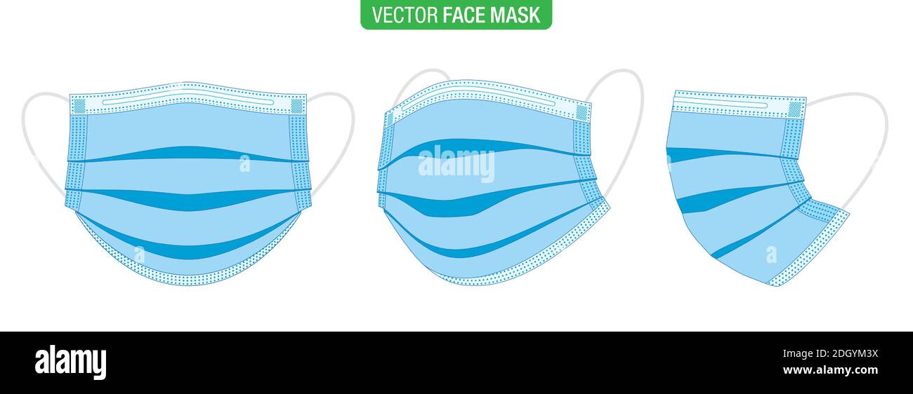Surgical face mask, vector illustration. Set of flat style, blue ...