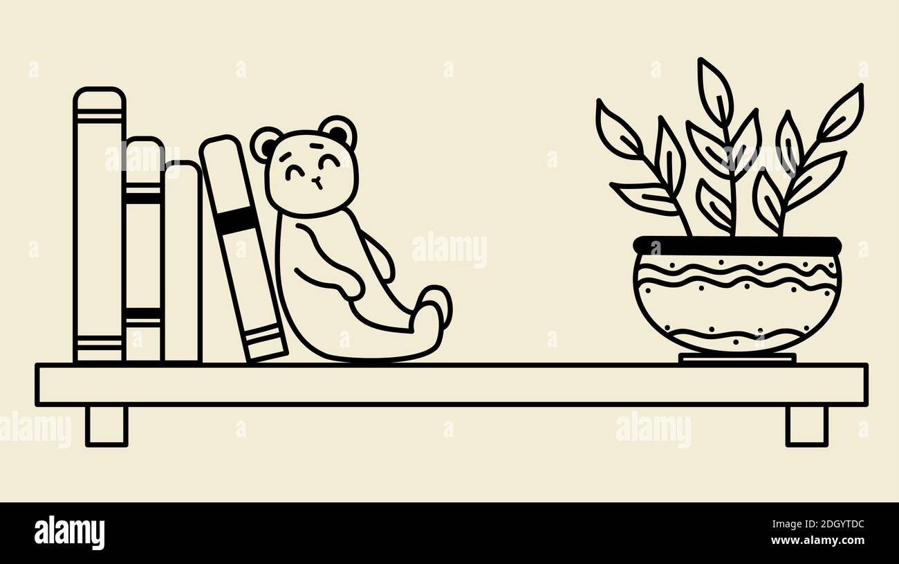 Cozy home. A bookshelf, books, a cute toy - a teddy bear and a ...