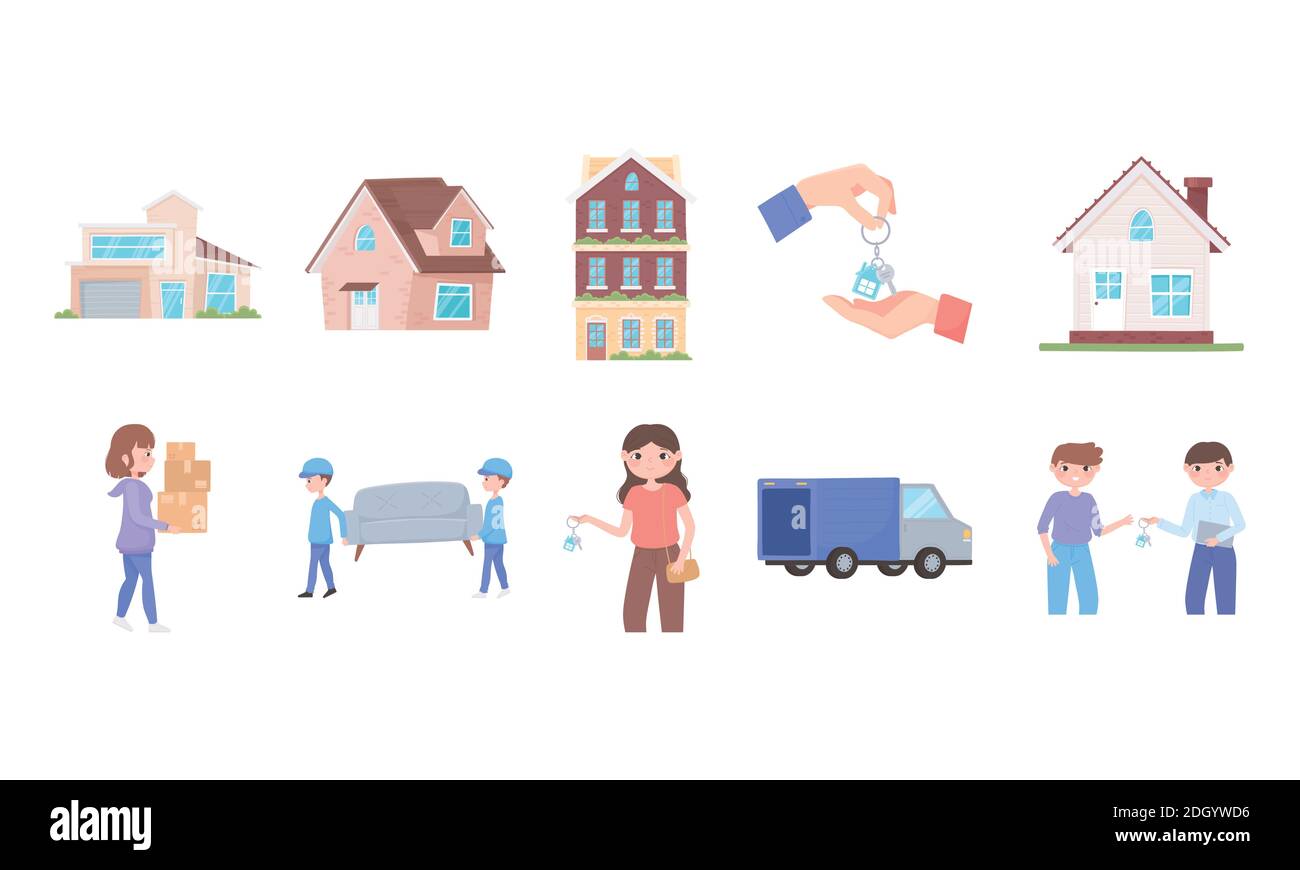 people moving into a new house with things, houses, building and truck ...