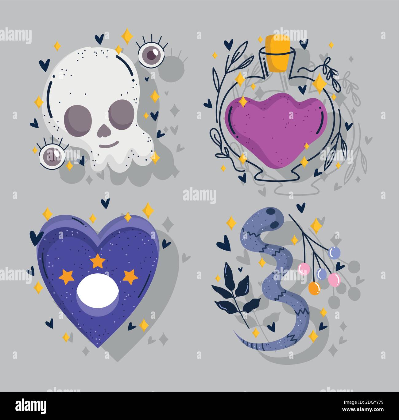 magic icons skull snake spell fantasy and mystery cartoon vector ...
