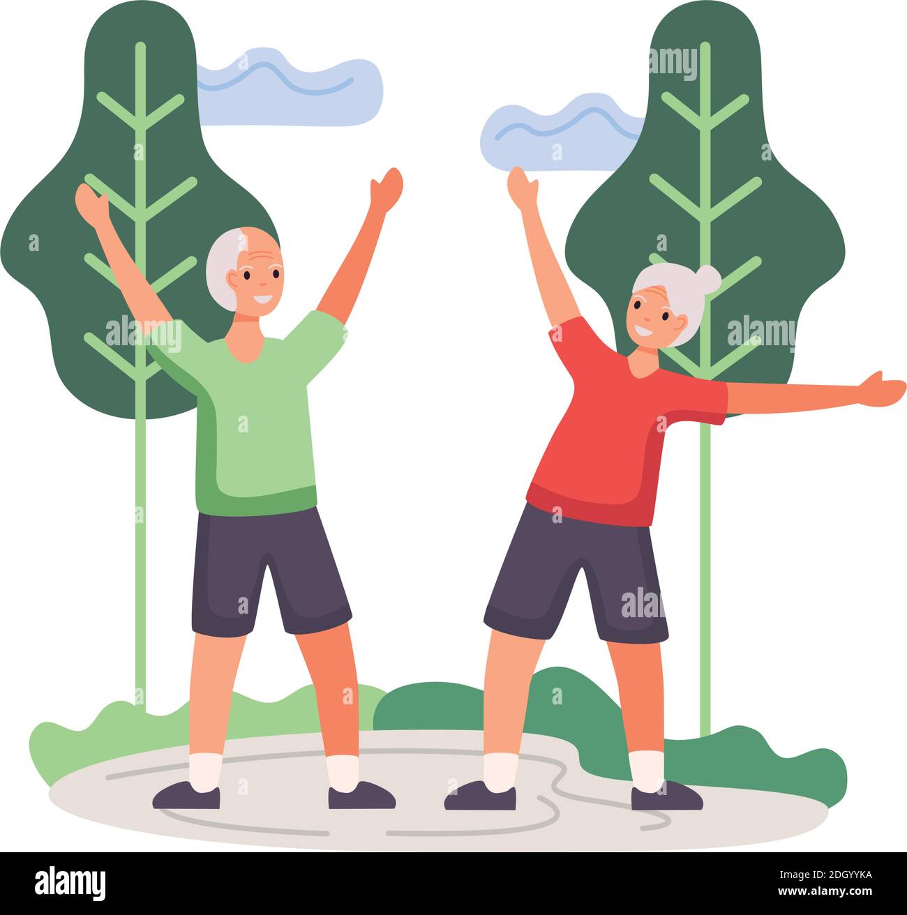 active seniors couple practicing exercise characters vector ...