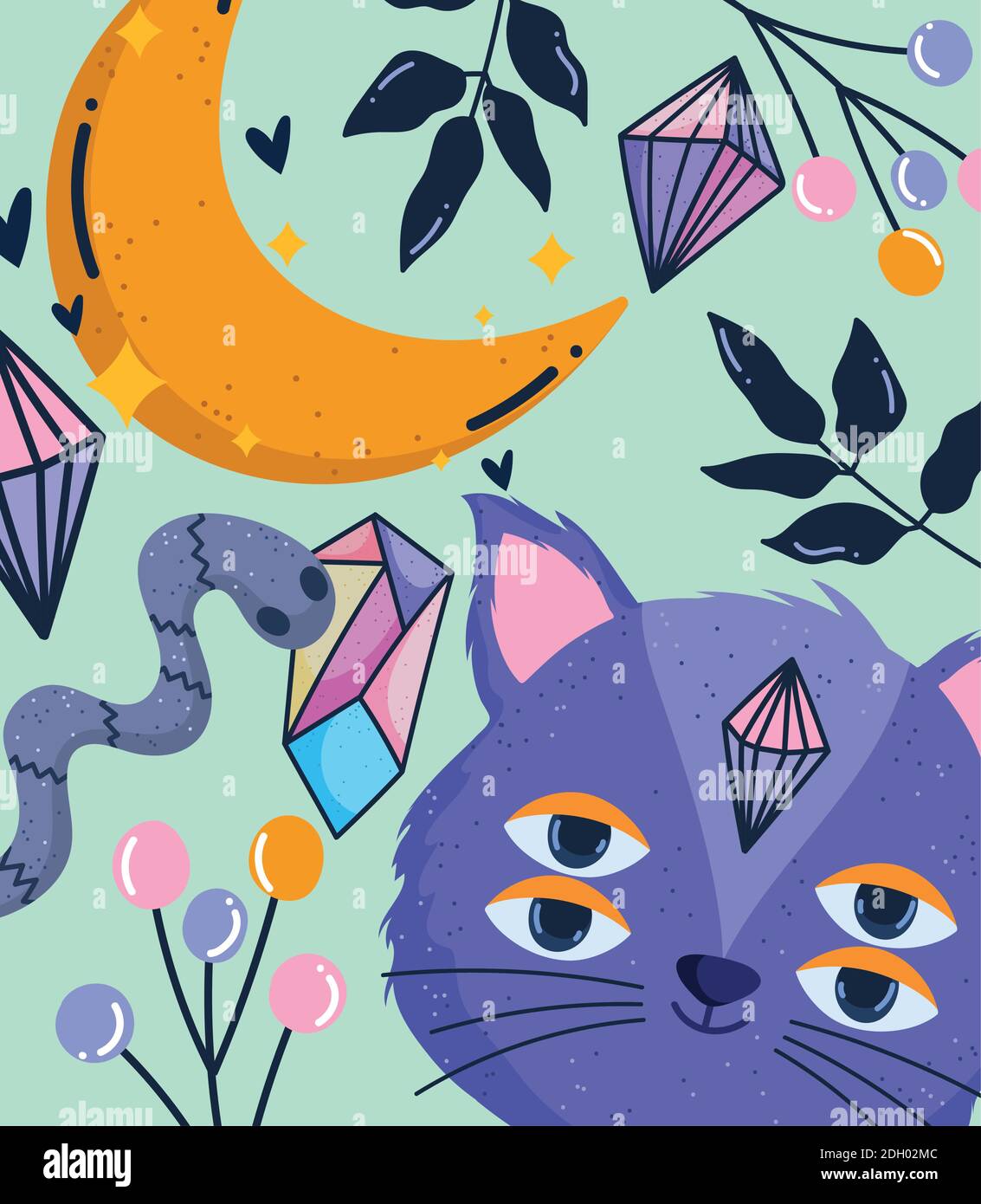magic cat moon snake esoteric astrology cartoon vector illustration ...