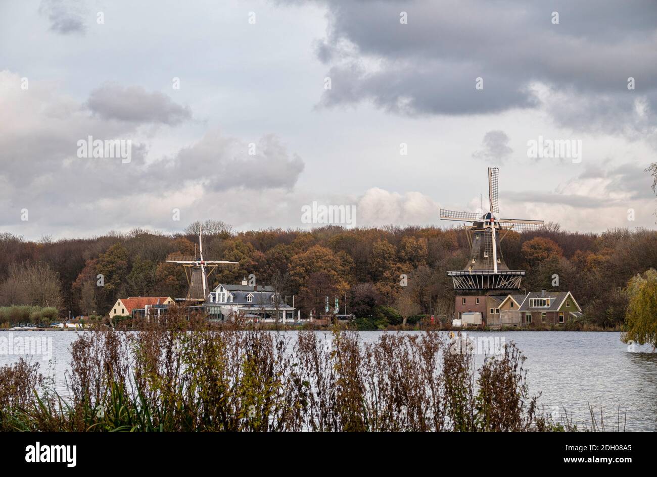 a pond in rotterdam park with two dutch windmills as background Stock ...