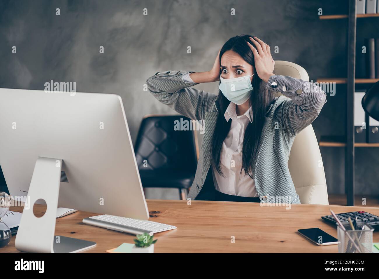 Oh no i fired. Frustrated girl work remote look screen computer pc ...