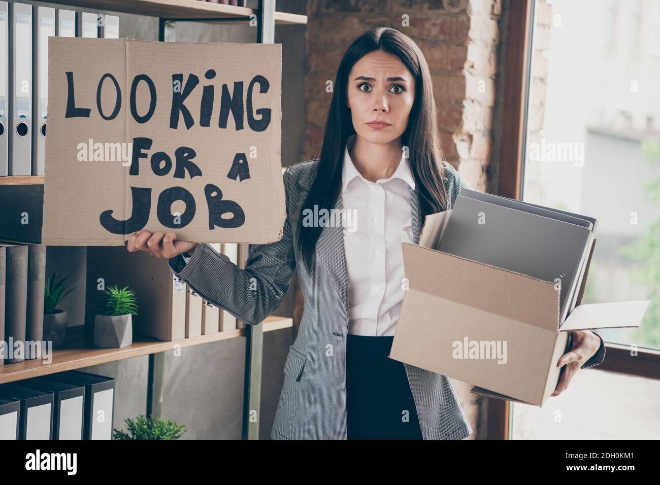 Full length photo of frustrated girl feel despair lose company bankrupt ...