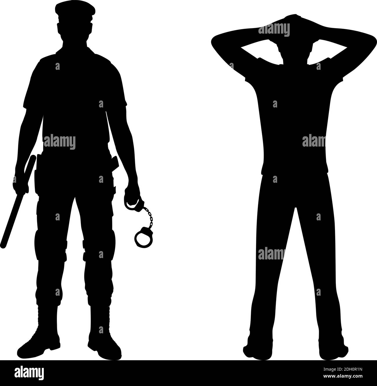 .Silhouette man is arrested by police. Hands behind head. Illustration ...