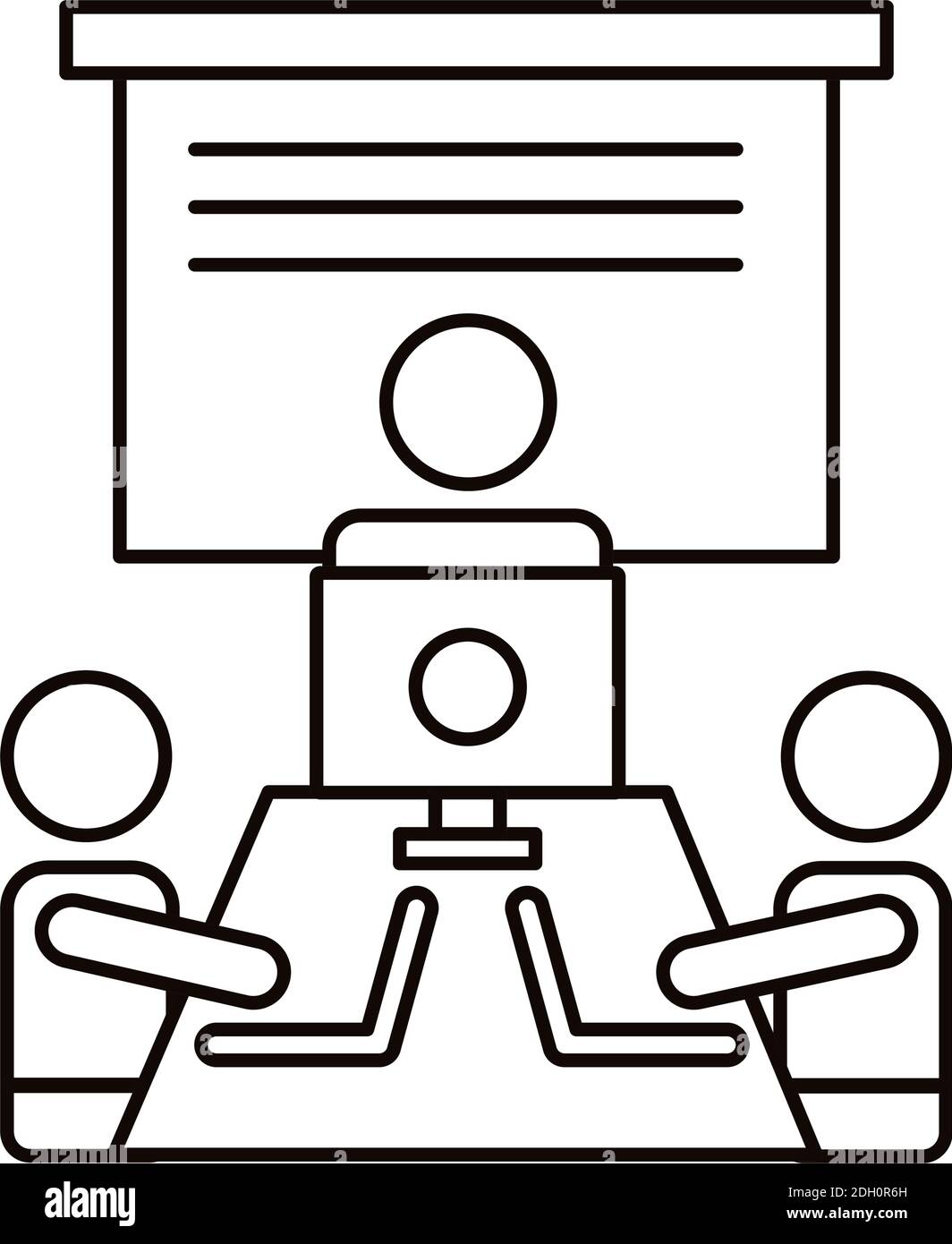 three workers with laptops and desktop coworking line style icon vector ...