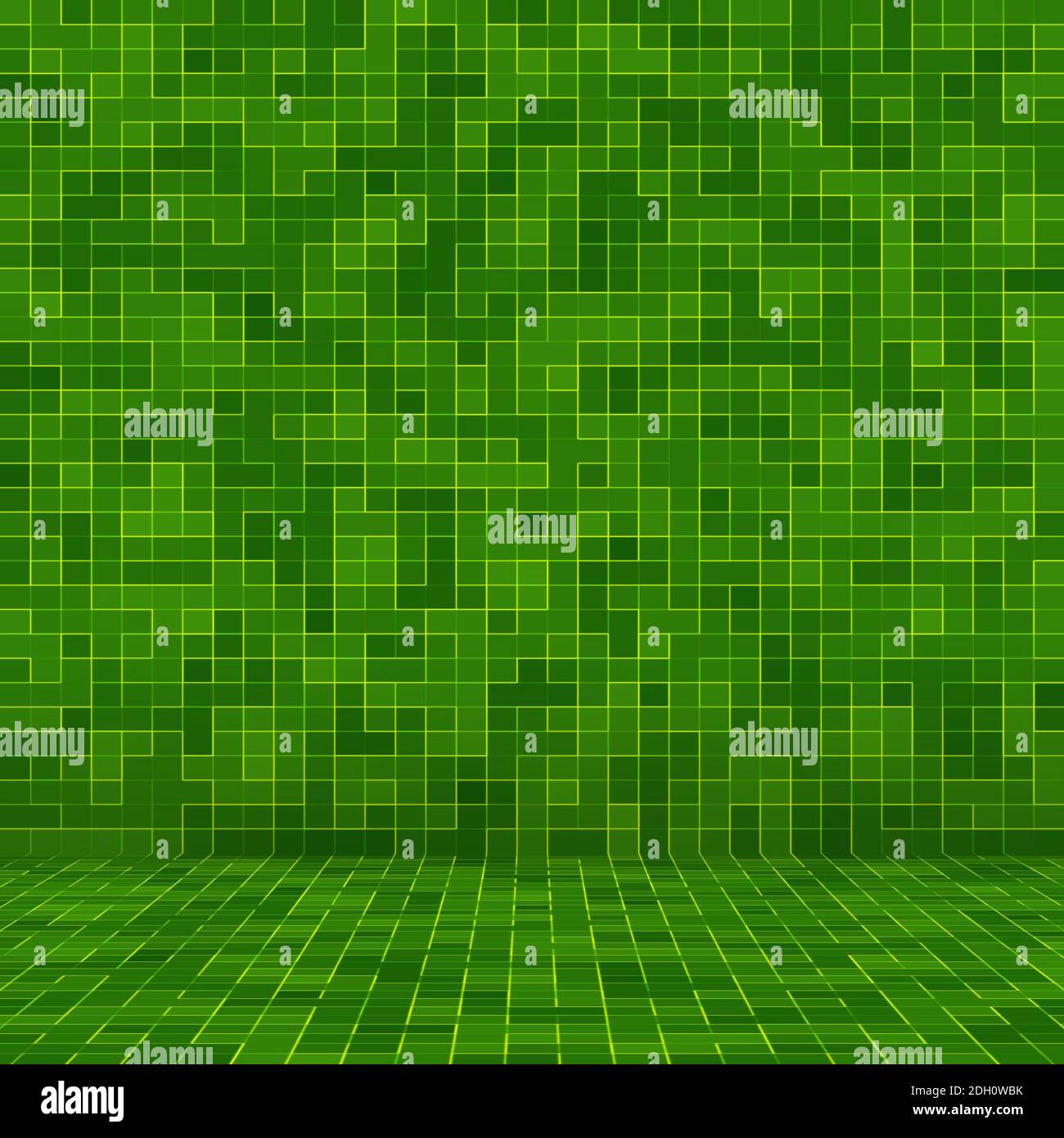 Abstract bright green square pixel tile mosaic wall background and ...