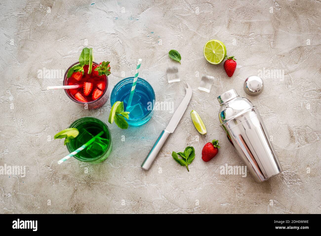 Mix of cocktails cold drink with ingredients and bar tools Stock Photo ...