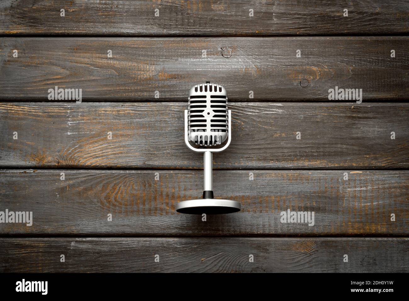 Flat lay of retro classic microphone with space for text Stock Photo ...