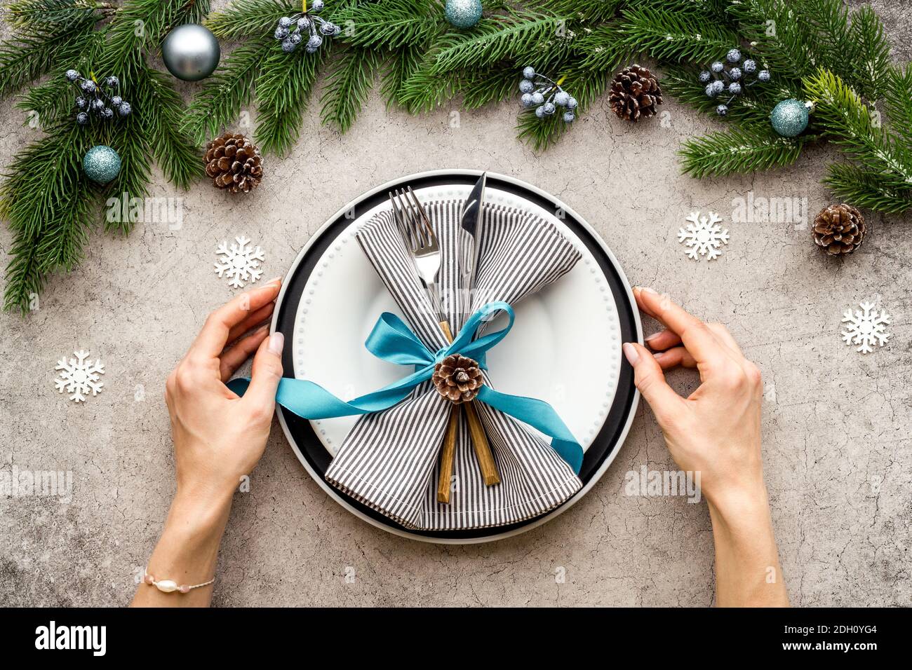 Christmas dinner background. Table setting top view Stock Photo - Alamy