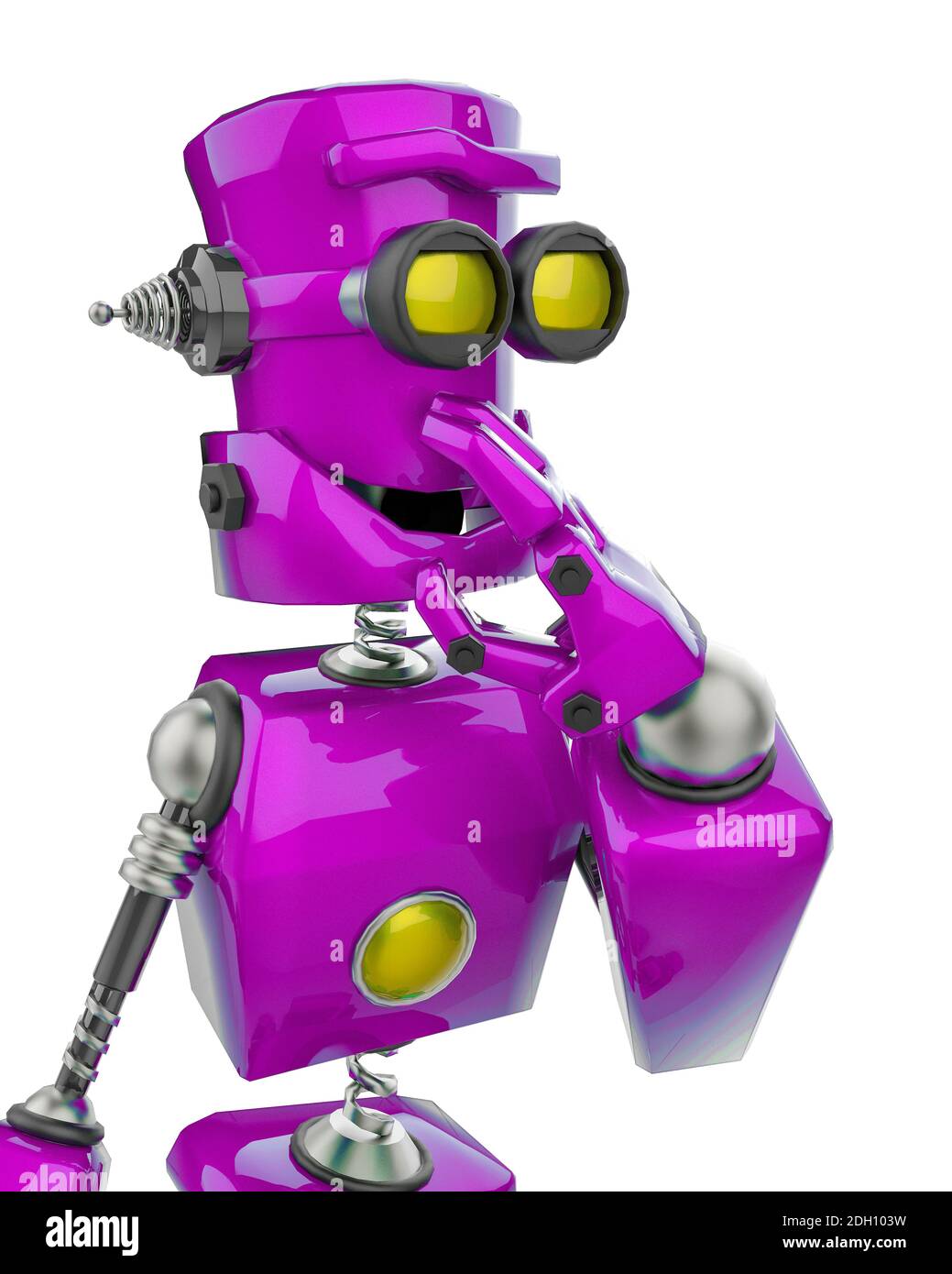 funny robot cartoon is thinking about in a white background close up ...