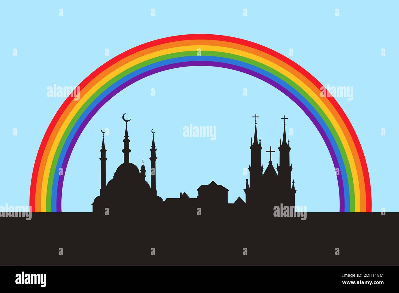 Peaceful coexistence of islam and christianity under colorful positive rainbow. Peace between ...