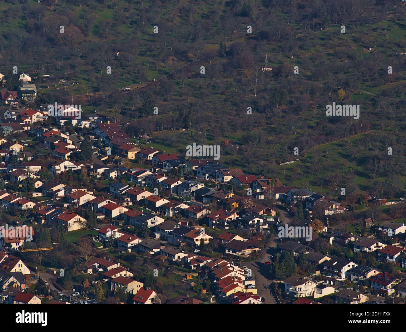Aerial view of residential area with single- and two-family houses on ...