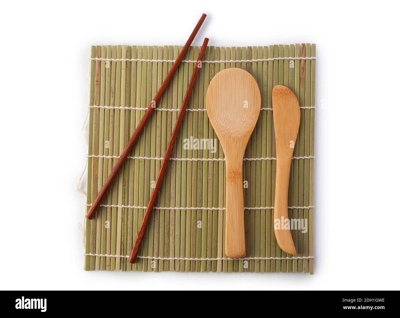 Sushi set tableware bamboo chopsticks mat isolated on white background ...