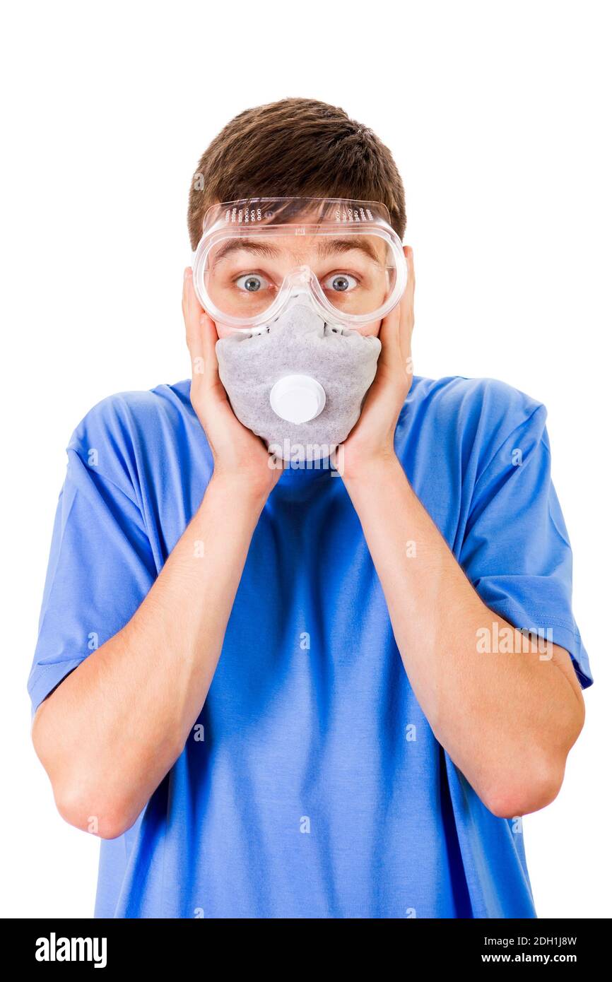 Shocked Young Man in Gas Mask and in a Safety Glasses on the White ...