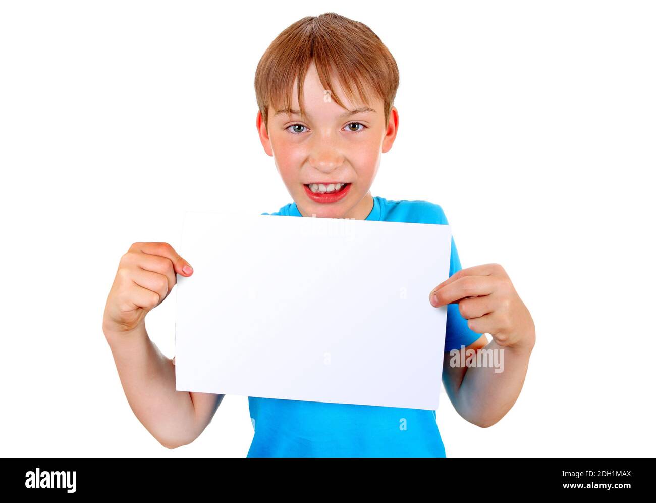 Annoyed Boy hold a Empty Paper Isolated on the White Background Stock ...