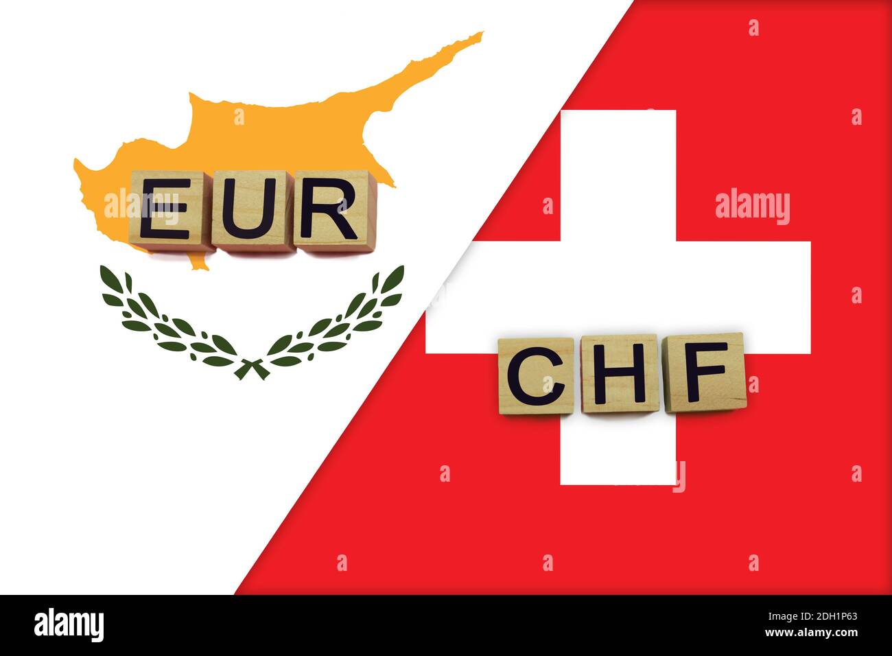 Cyprus and Switzerland currencies codes on national flags background ...