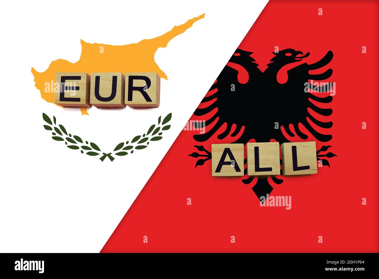 Cyprus and Albania currencies codes on national flags background ...