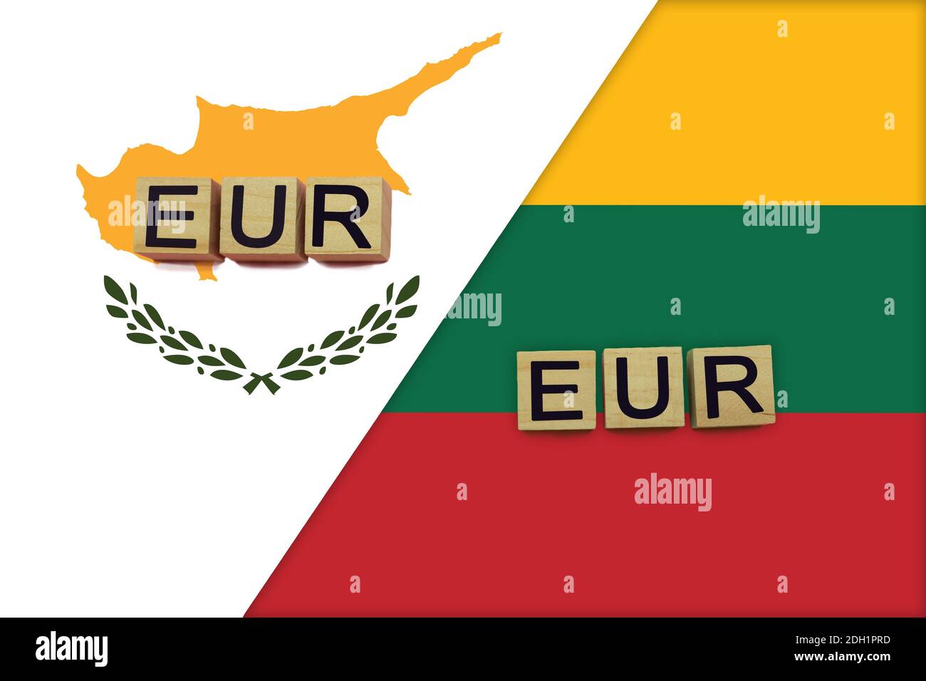 Cyprus and Lithuania currencies codes on national flags background ...