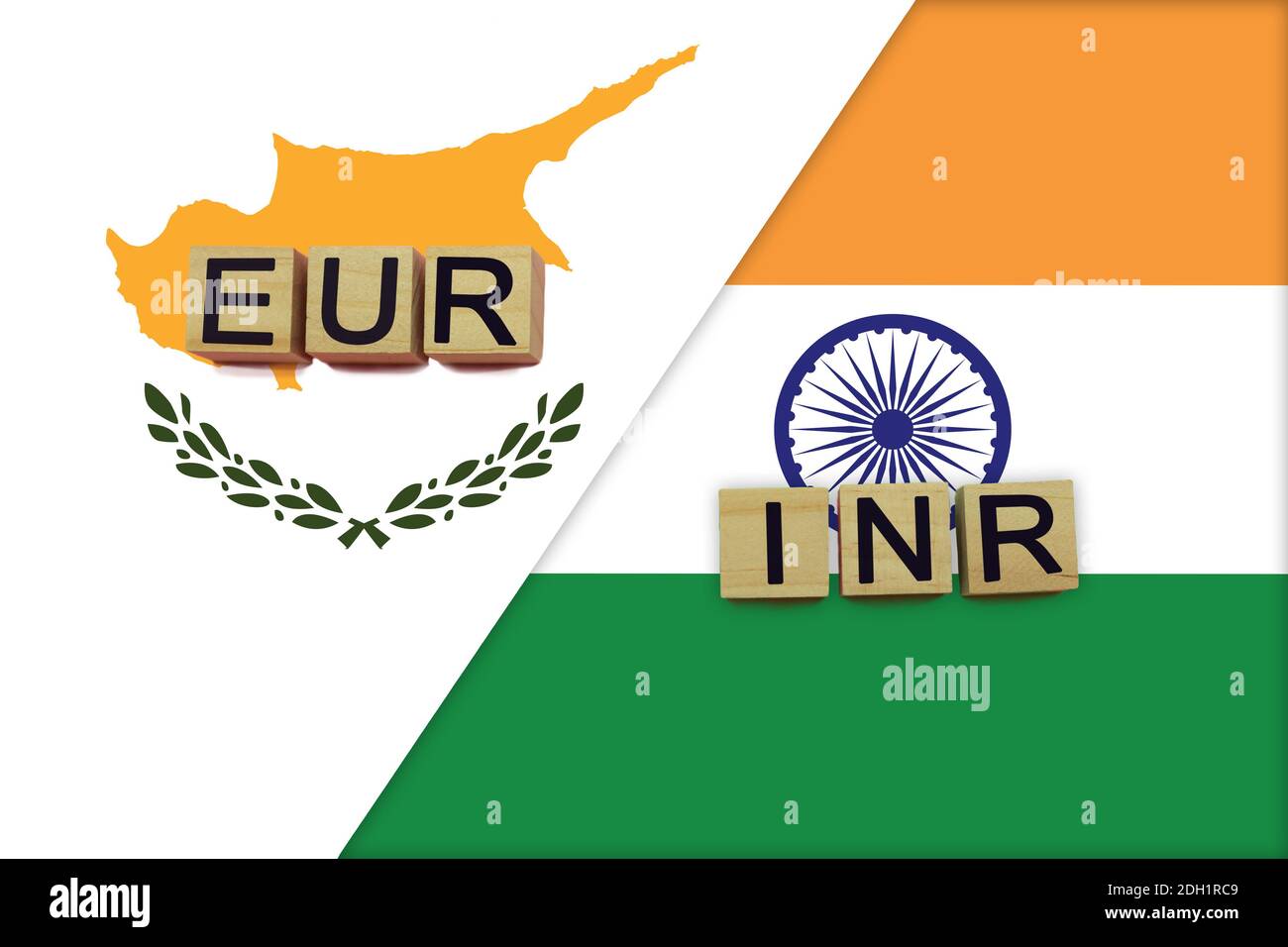 Cyprus and India currencies codes on national flags background ...