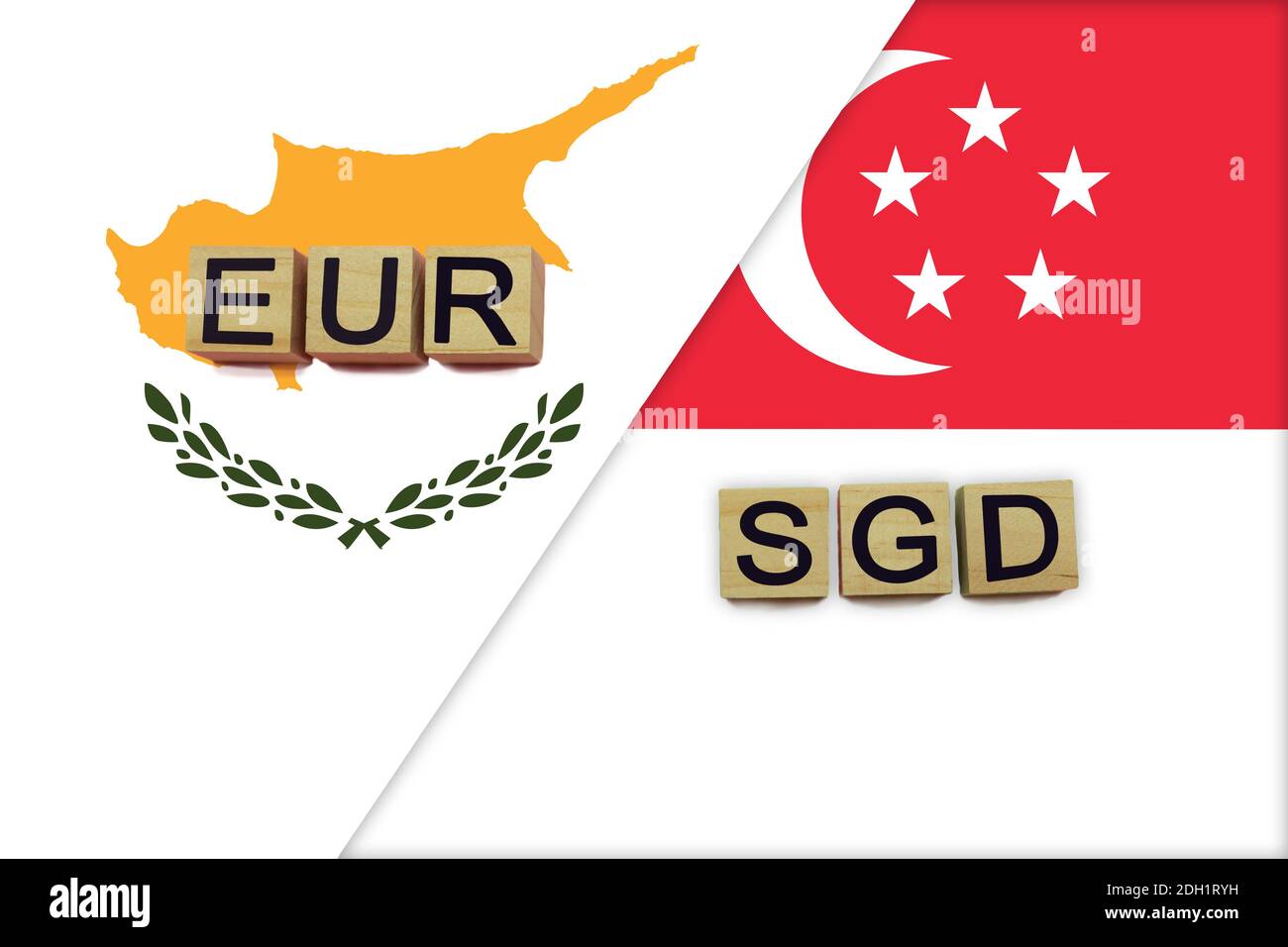 Cyprus and Singapore currencies codes on national flags background ...