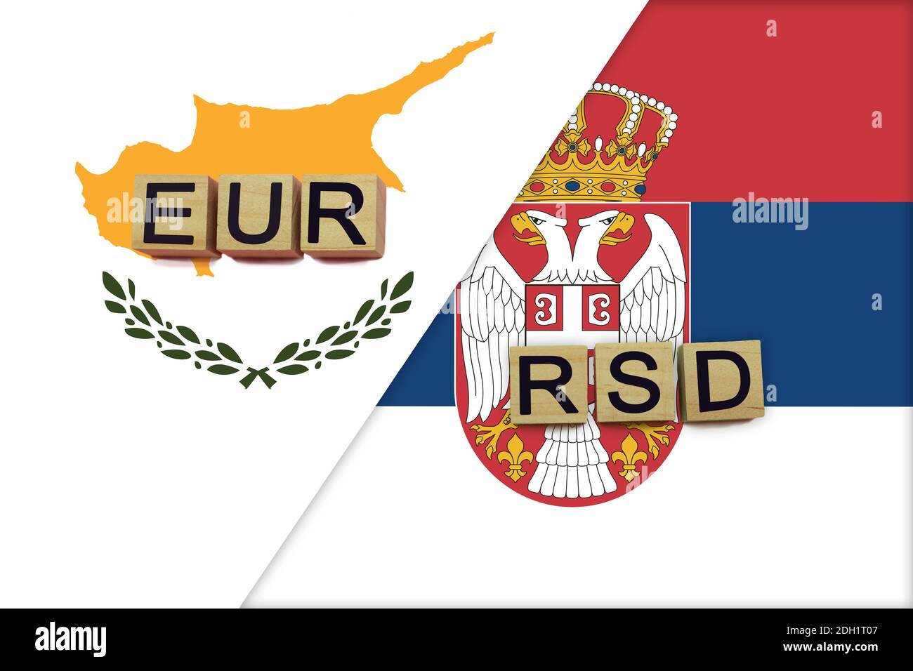 Cyprus and Serbia currencies codes on national flags background ...
