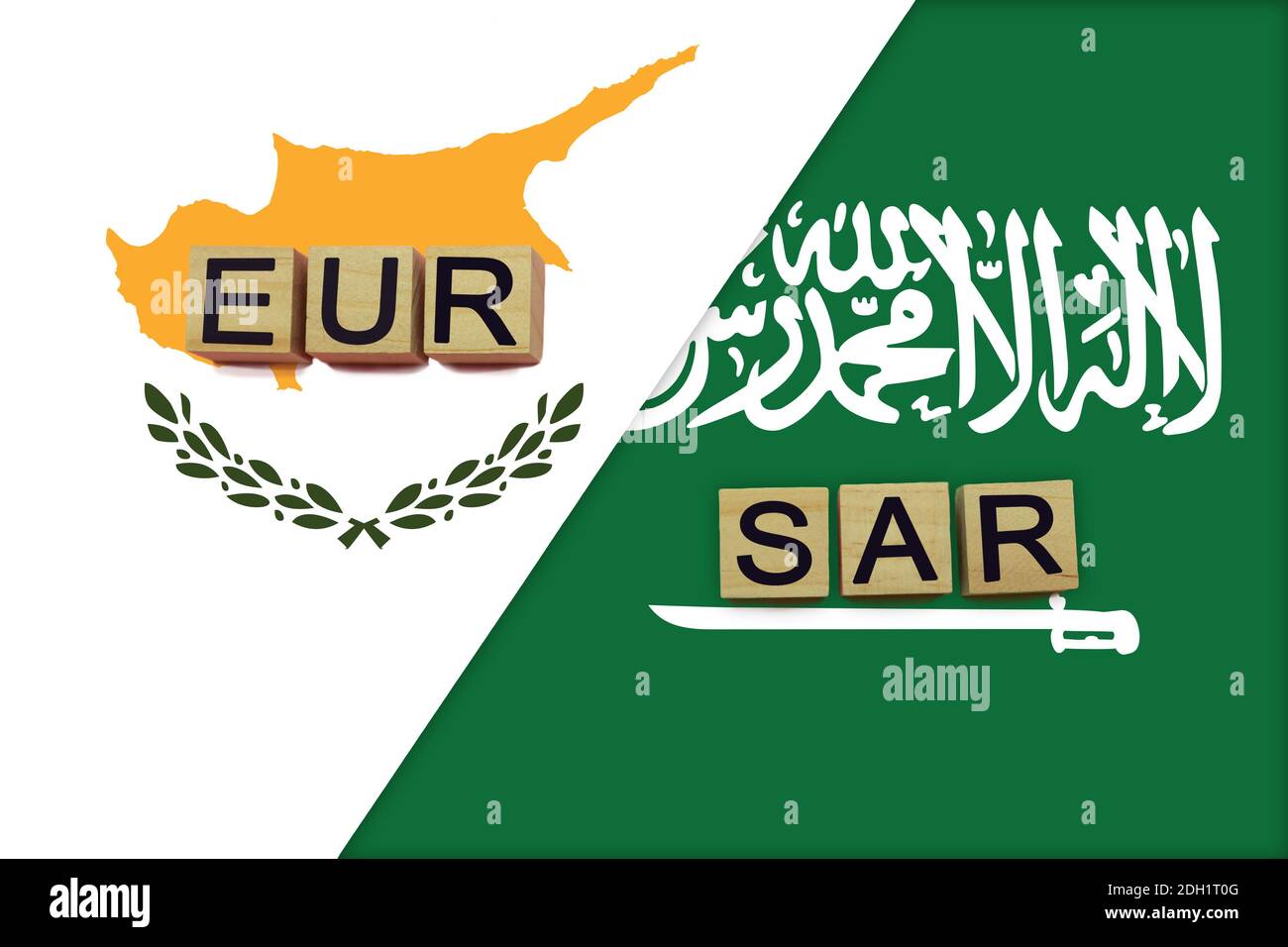Cyprus and Saudi Arabia currencies codes on national flags background ...