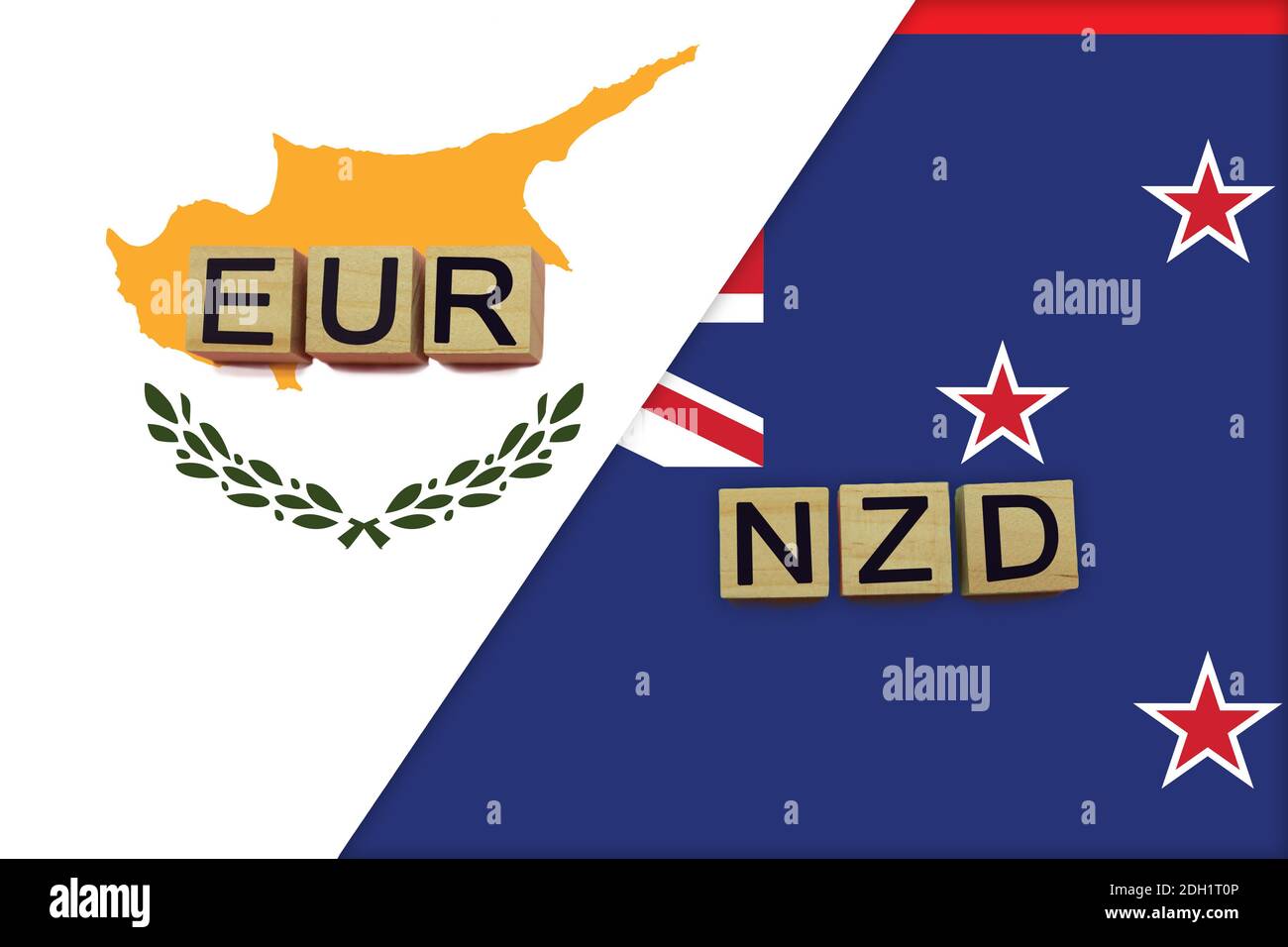 Cyprus and New Zealand currencies codes on national flags background ...