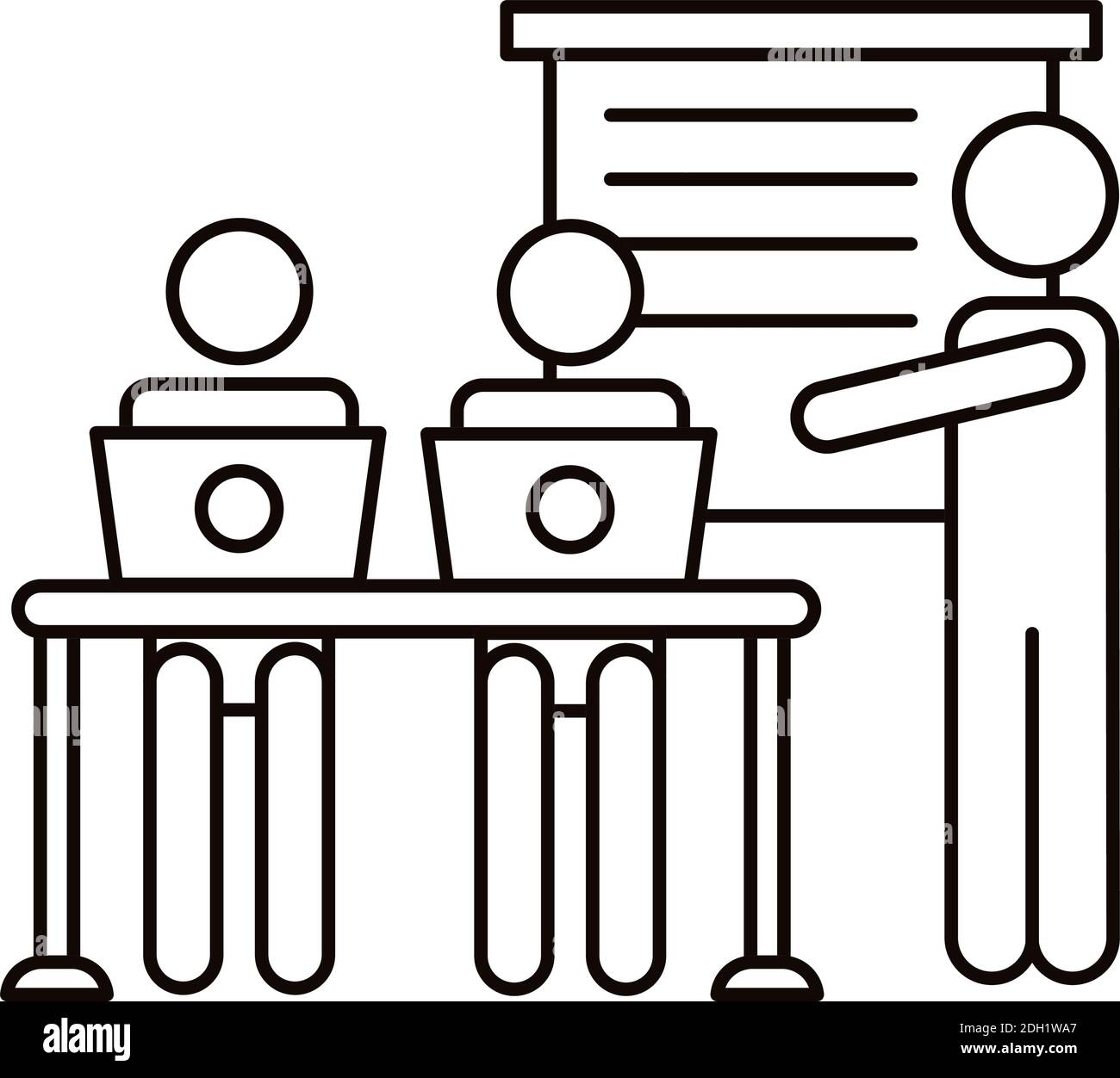three workers with laptops in the office coworking line style icon ...