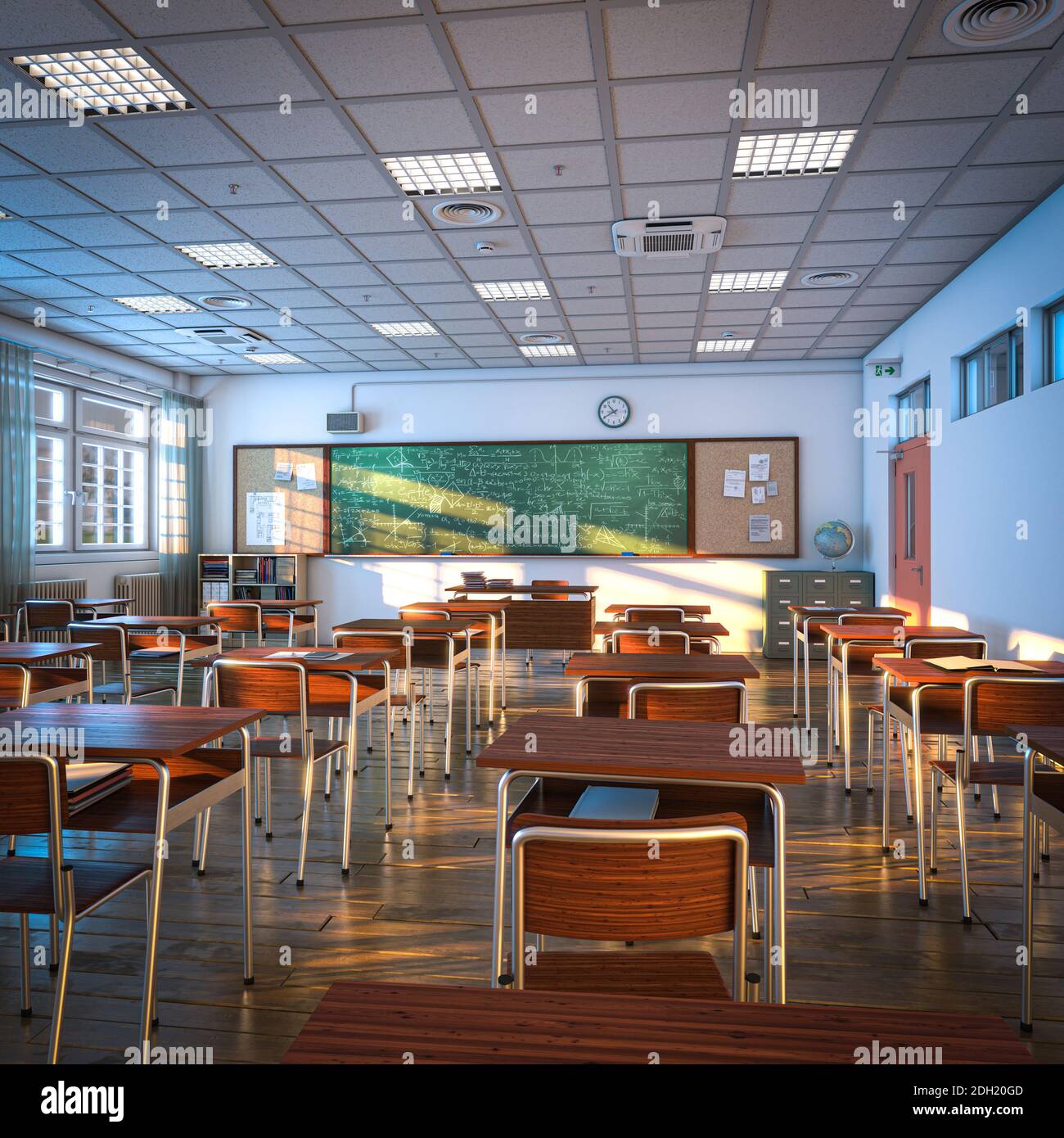interior of a school classroom, wooden floor and desks. concept of ...