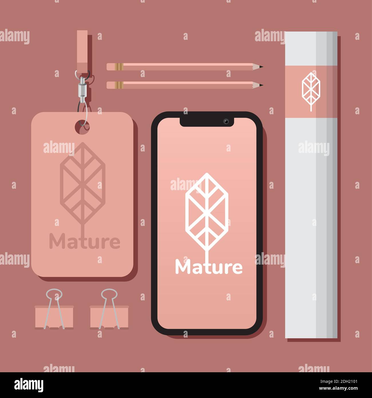 id badge with bundle of mockup set elements in pink background vector ...