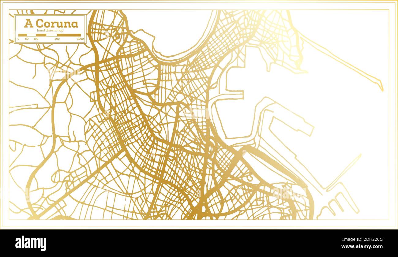 A Coruna Spain City Map in Retro Style in Golden Color. Outline Map ...