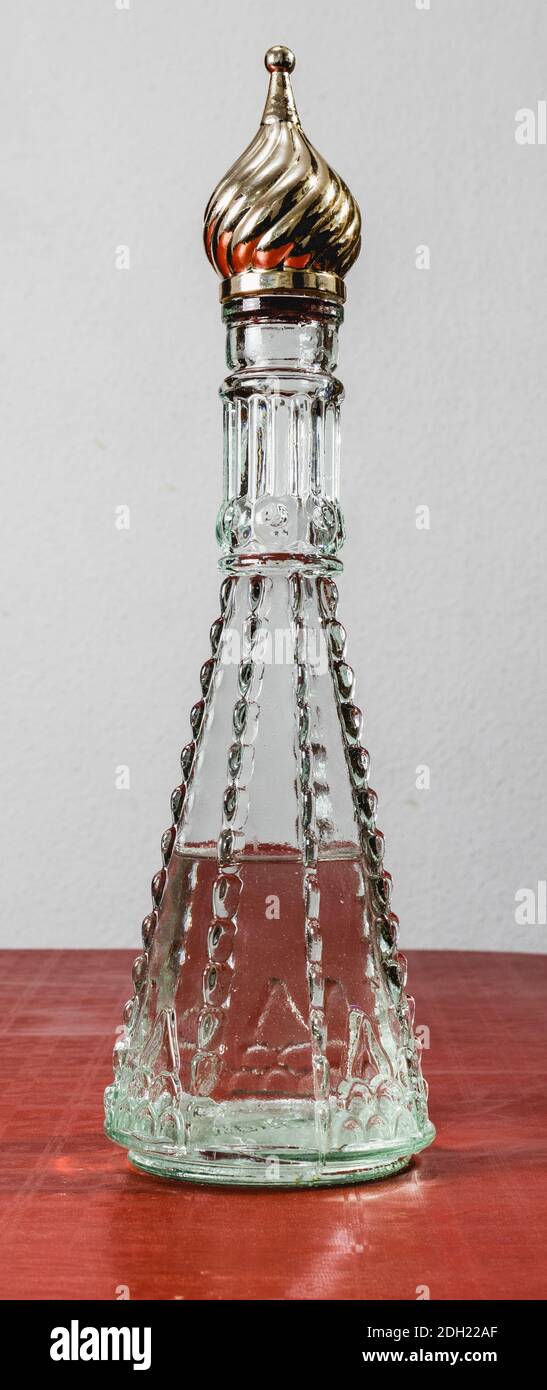 A vertical shot of a beautiful Russian bottle filled with water Stock ...
