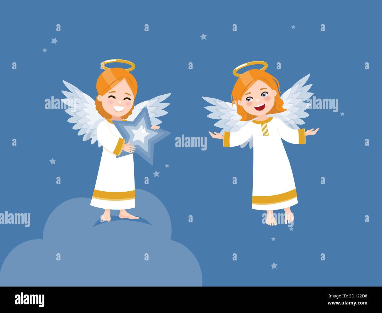 Two angels with a star and flying in the sky with stars. Flat vector ...