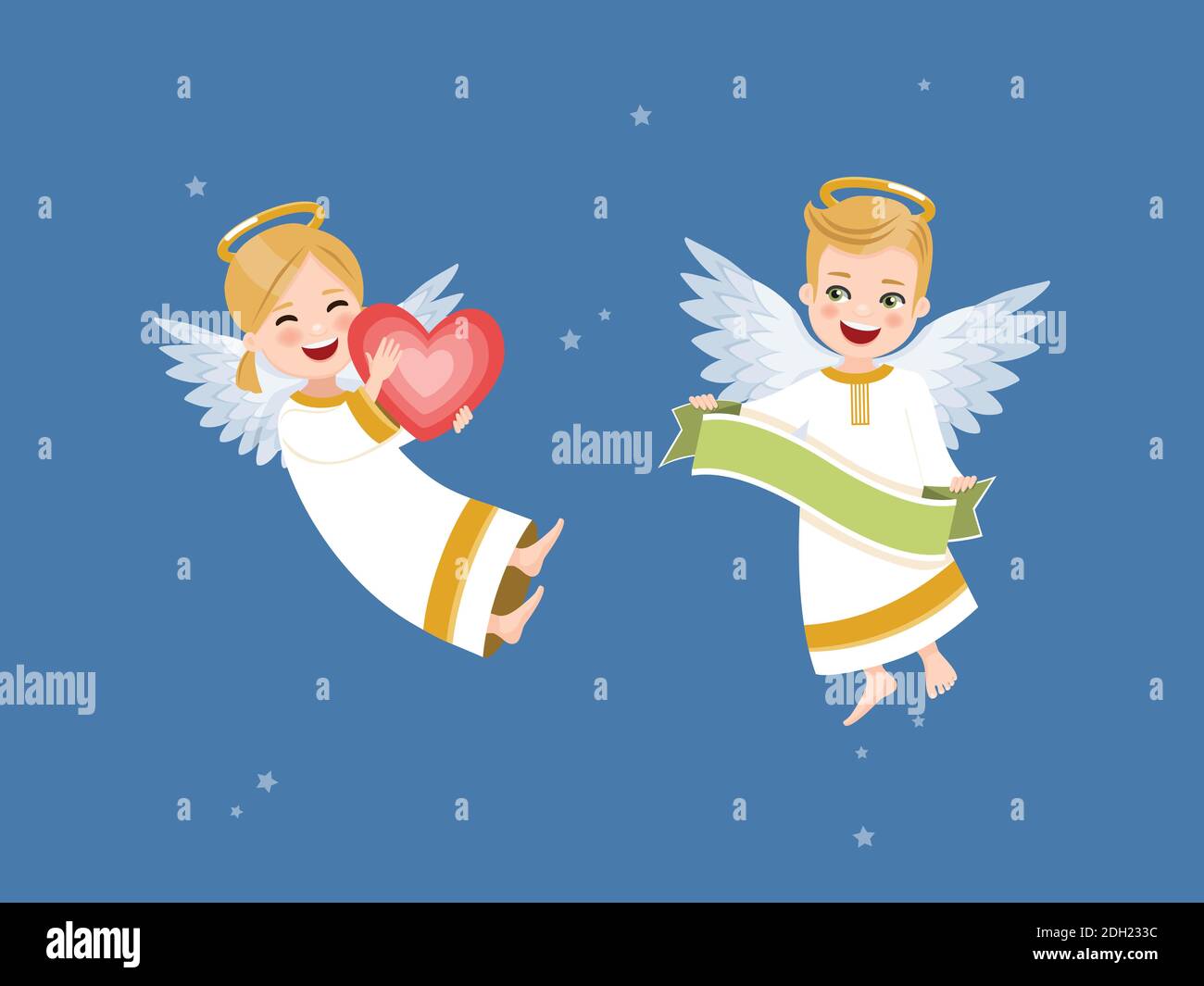 Two angels with heart and ribbon in the sky with stars. Flat vector ...