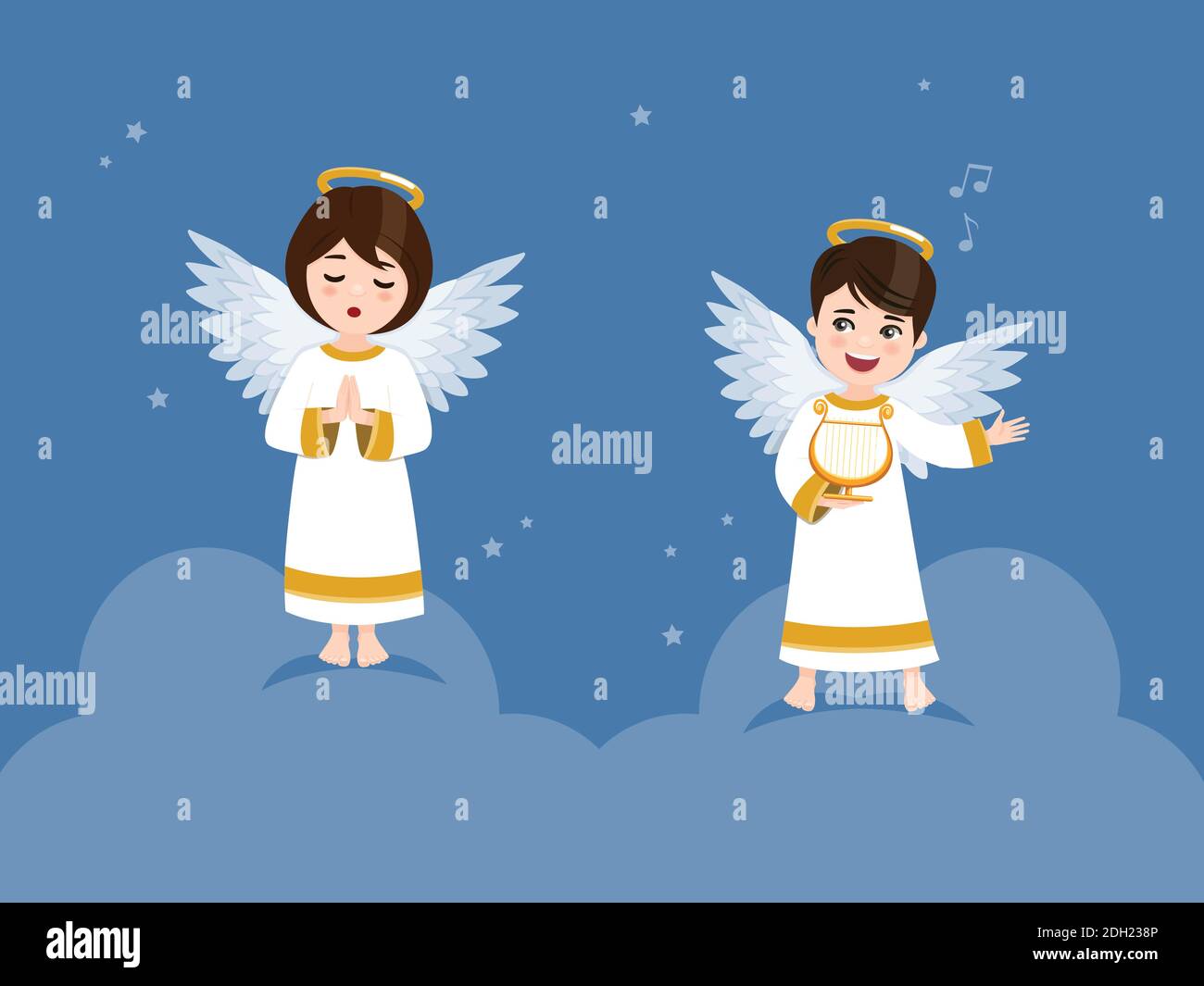 Two angels playing the harp and praying in the sky with stars. Flat ...