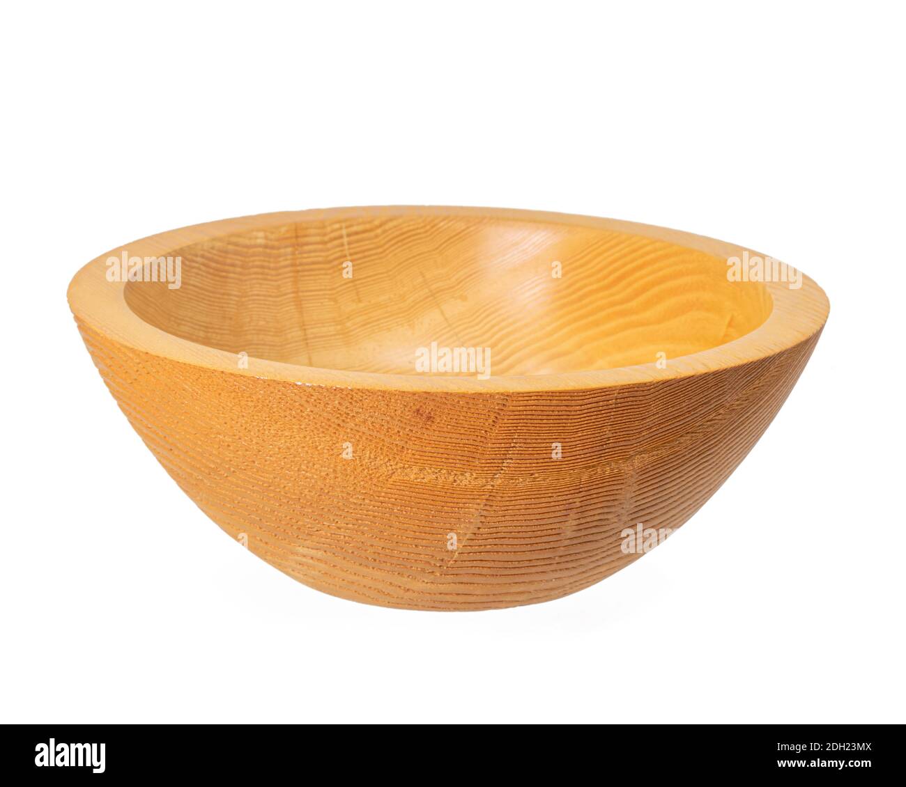 Side view of an empty turned rustic light wooden bowl isolated on white ...