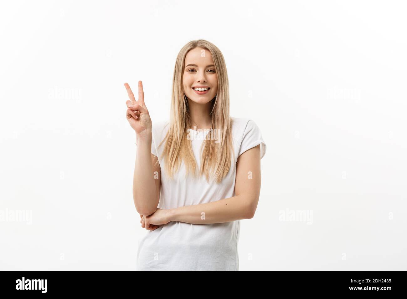 Closeup portrait young happy confident woman giving peace victory, two ...