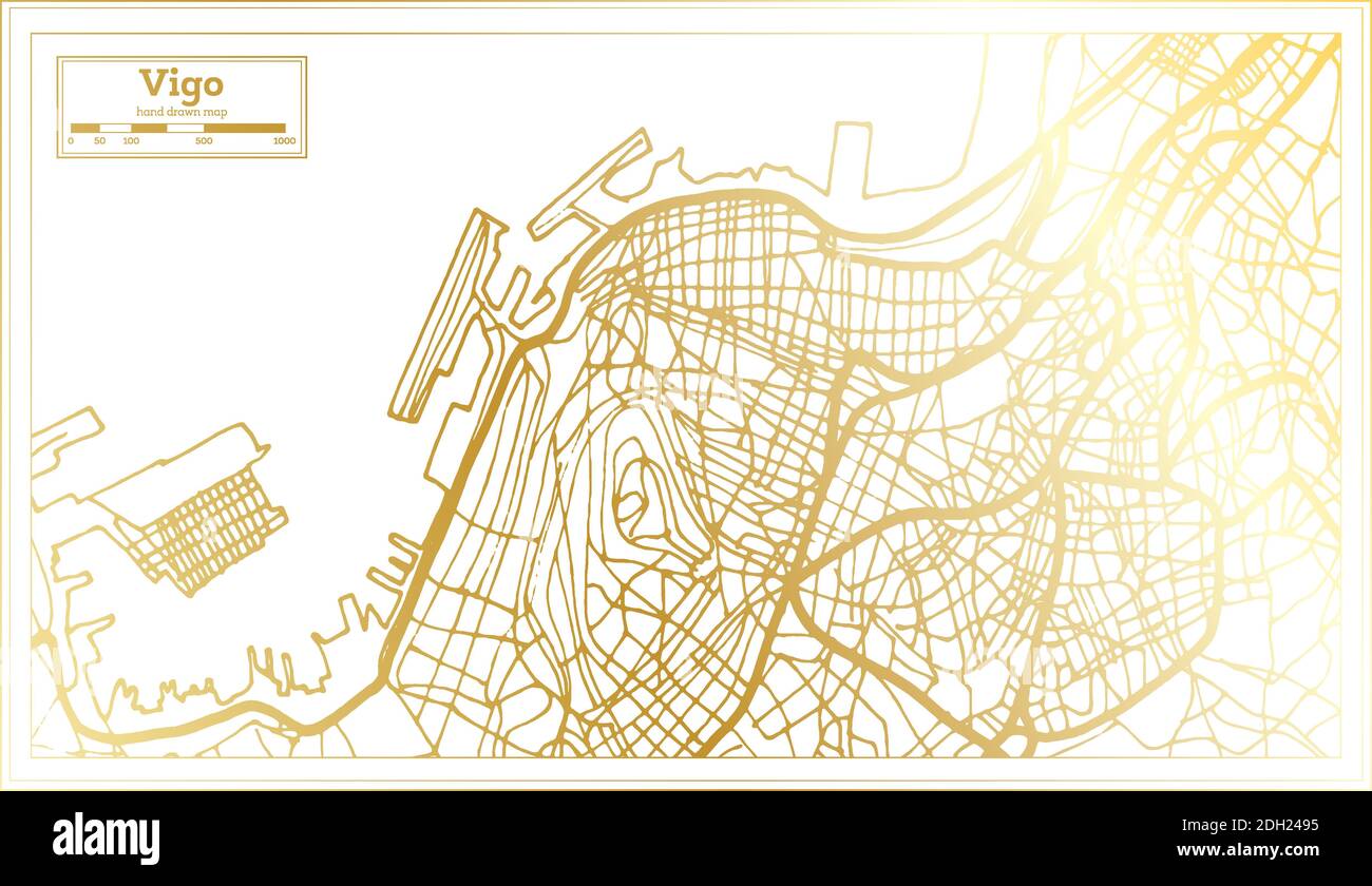 Vigo Spain City Map in Retro Style in Golden Color. Outline Map. Vector ...