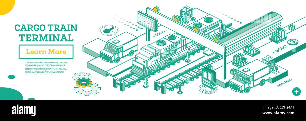 Outline Cargo Train Terminal. Locomotive with Boxcar. Isometric ...