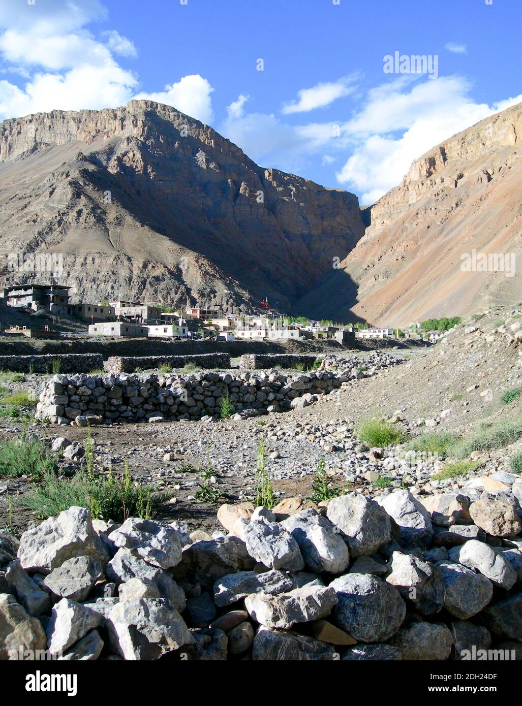 Alpine village seen while trekking the Spiti valley region in the ...